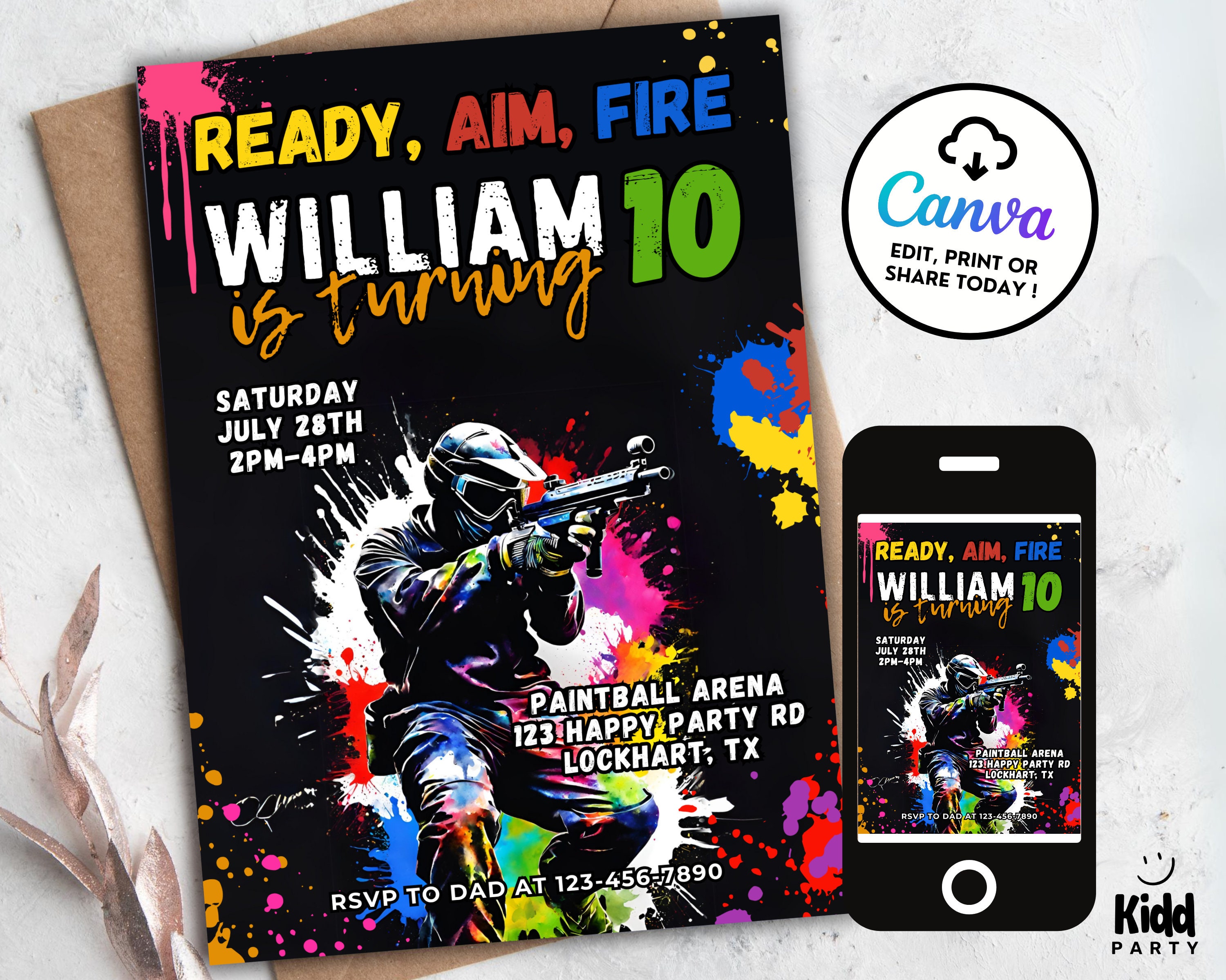 Editable Paintball Party Invitation Colorful Flyer Boy Girl Paintball ...