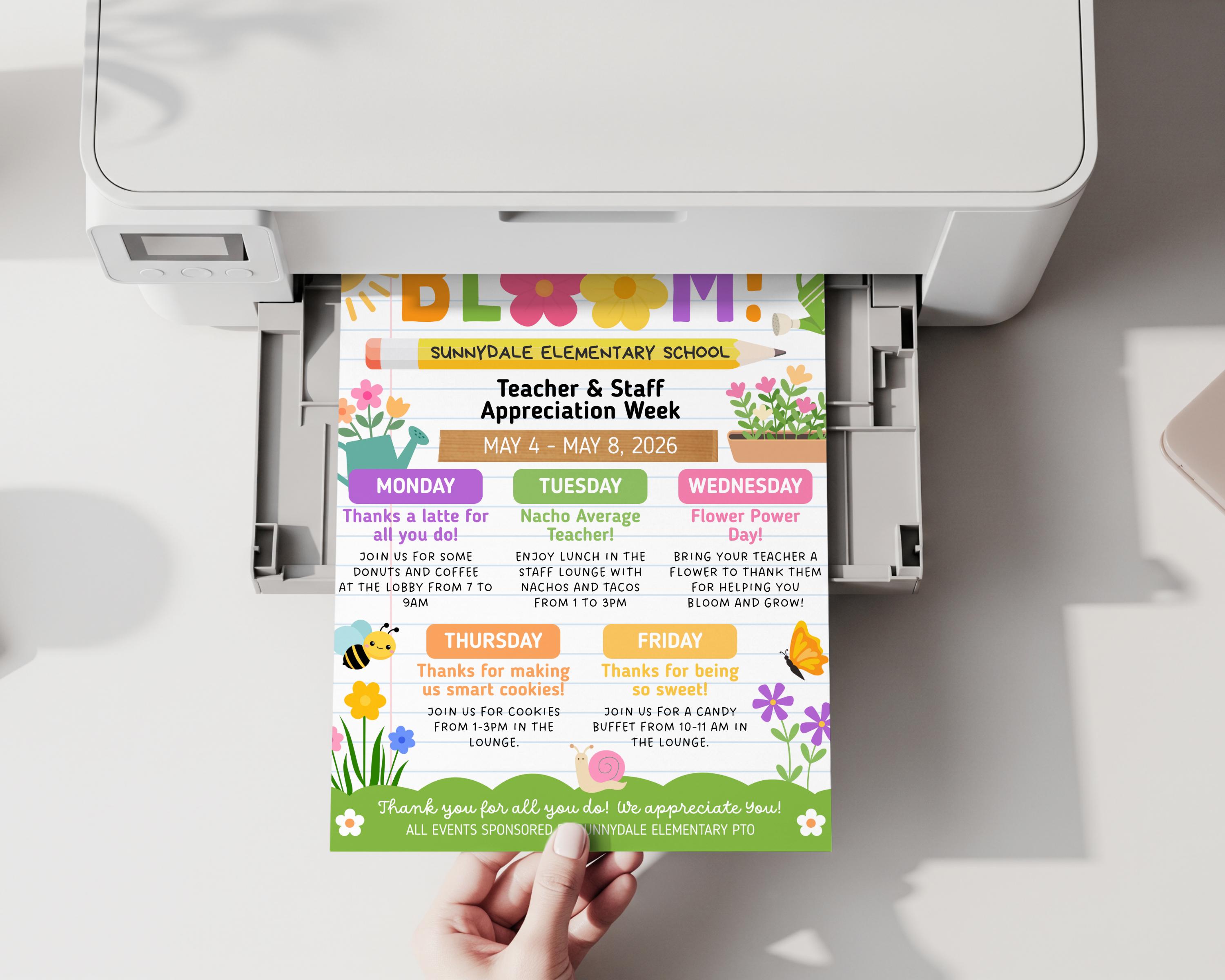 Teacher Appreciation Week Itinerary Poster, Help Us Bloom, Editable ...