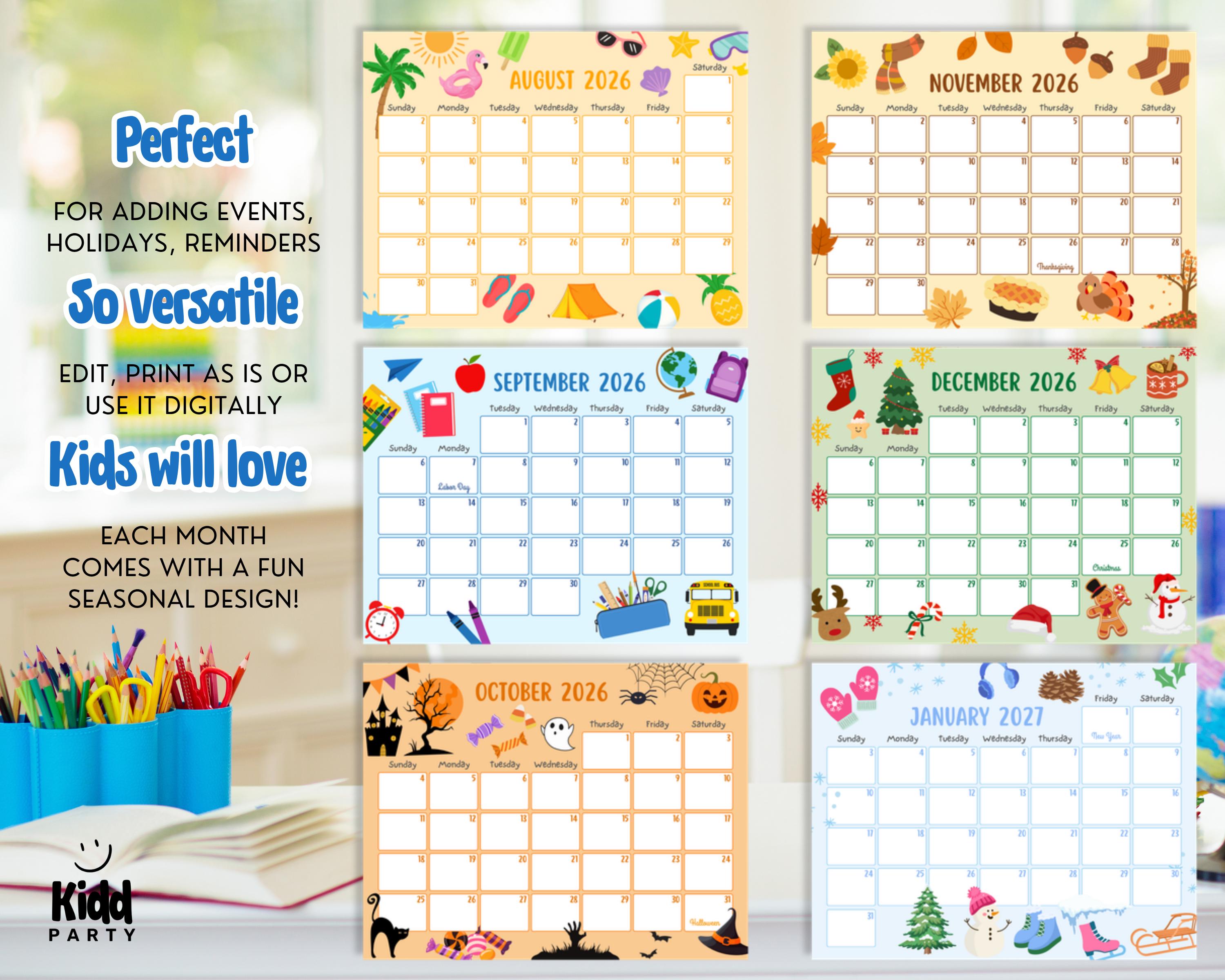 2026 2027 School Year Calendar, Printable Monthly School Planner ...