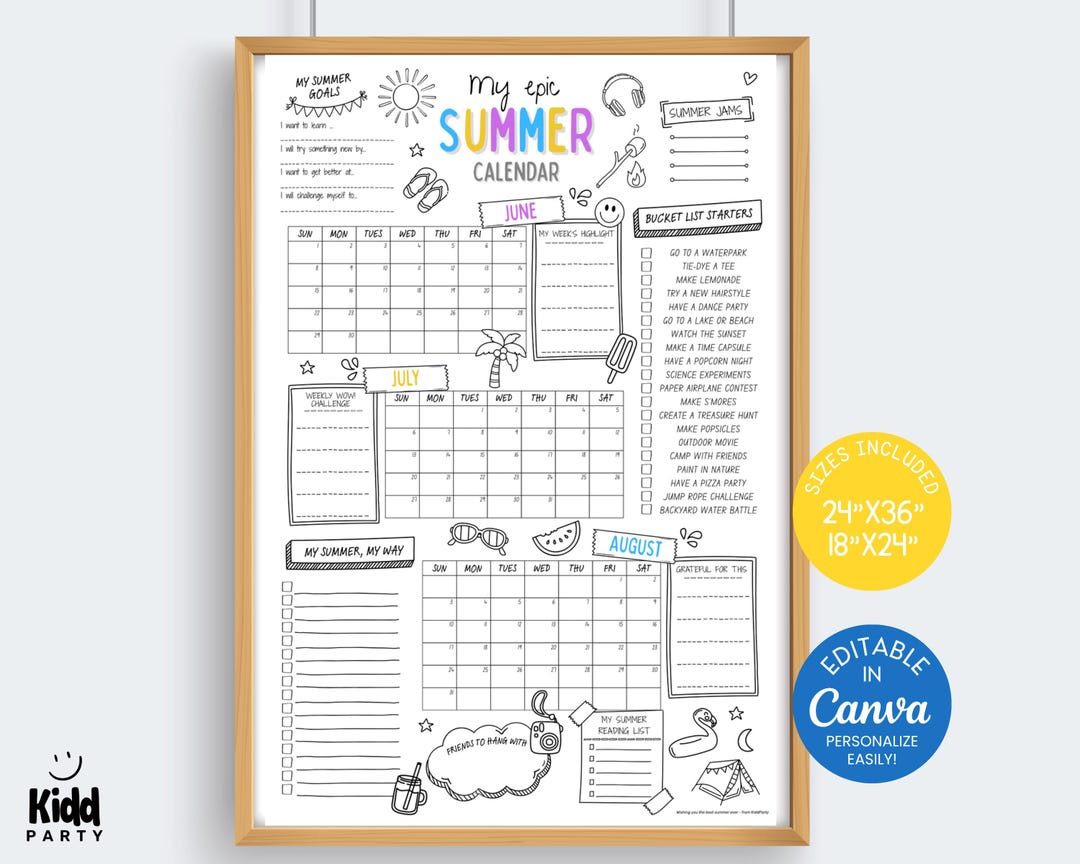 Editable Summer Calendar Poster, Printable 2025 Summer Bucket List ...