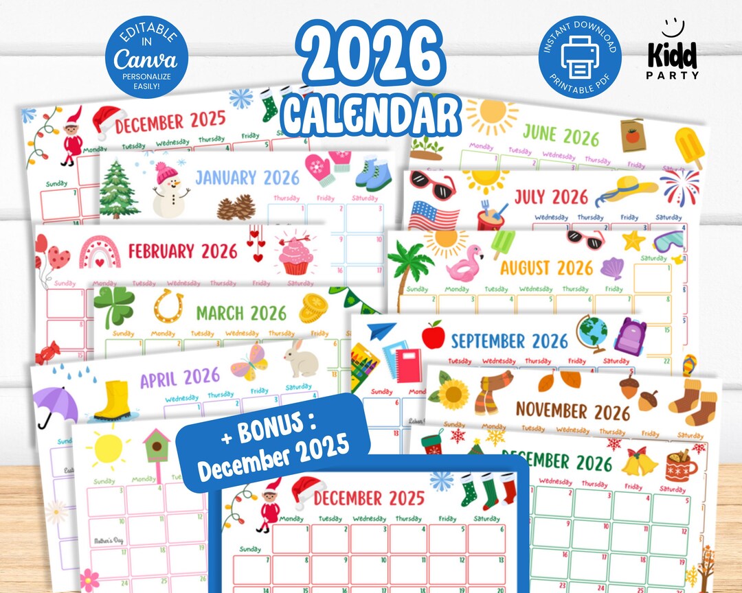 2026 Calendar, Printable Monthly Kid Planner, School Calendar, Editable ...