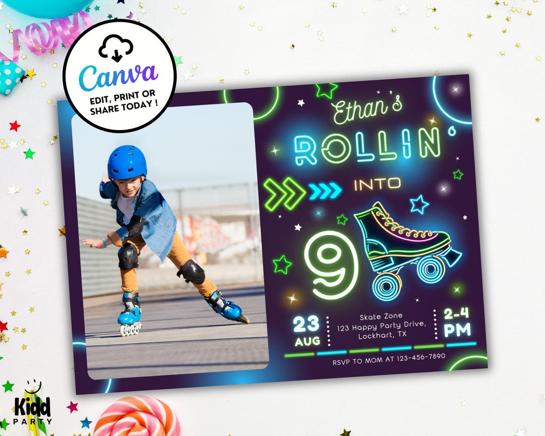 Editable Neon Roller Skate Birthday Invitation With Photo, Glow in the ...