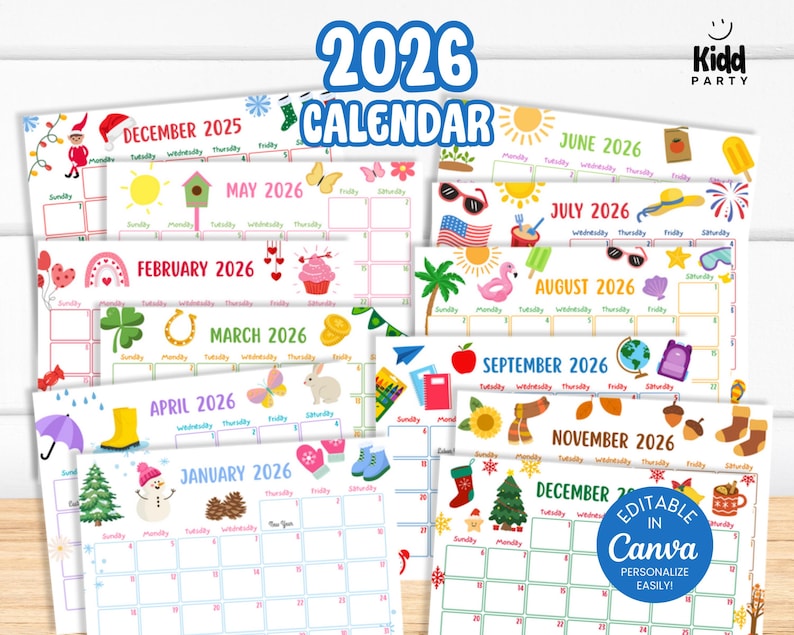 2026 Monthly Calendar Bundle, Printable Kid Planner, School Calendar ...