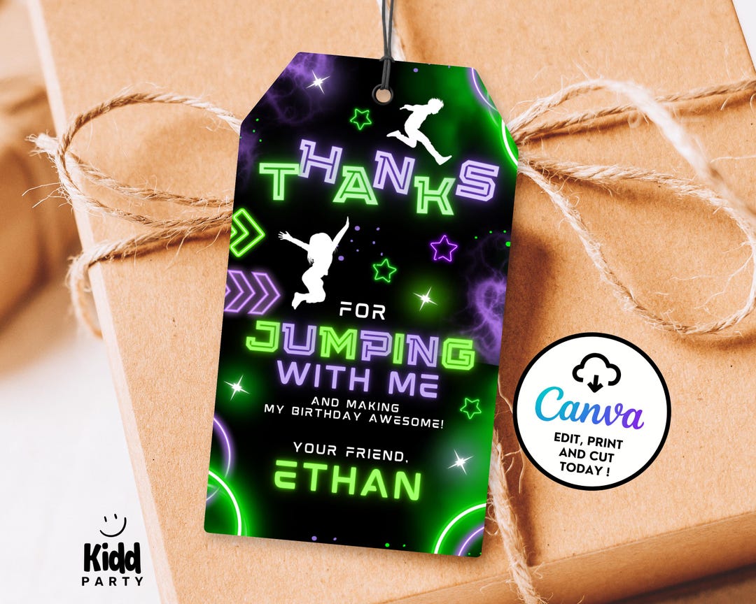 Editable Jump Favor Tag, Glow Jump Birthday Gift Tag, Neon Green Purple ...
