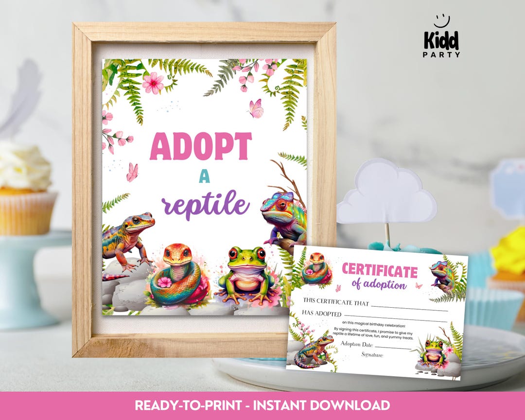 Adopt a Reptile Sign and Certificate, Girl Reptile Birthday Party ...