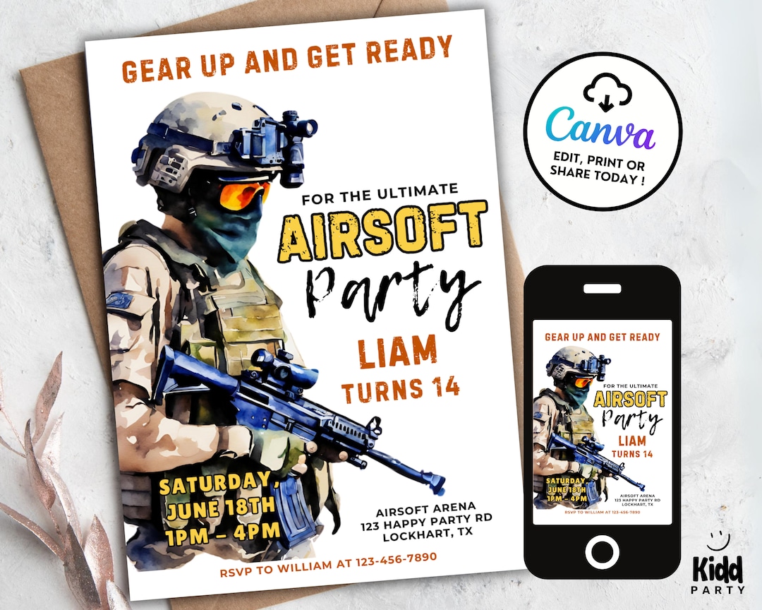 Editable Airsoft Invitation, Airsoft Birthday, Airsoft Game Ammo and ...