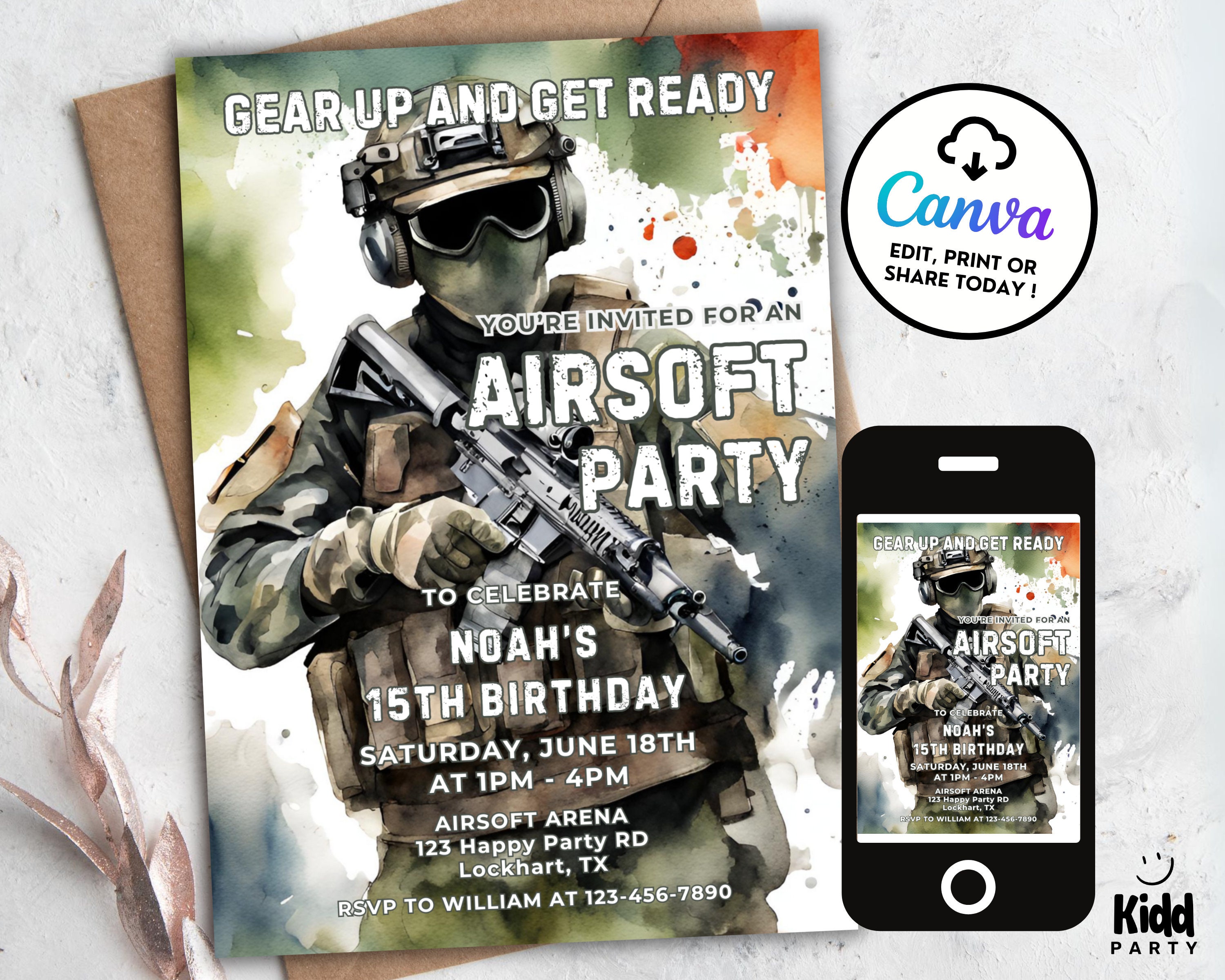 Editable Airsoft Party Invitation, Airsoft Birthday Invite, Camo ...