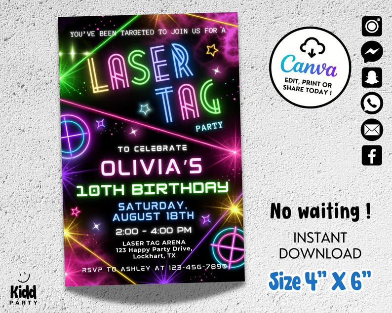 Laser Tag Birthday Invitation 4X6 Card, Laser Tag Invitation, Rainbow ...