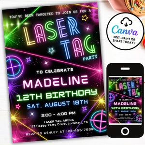 Laser Tag Birthday Invitation, Laser Tag Invitation, Rainbow Neon Evite ...