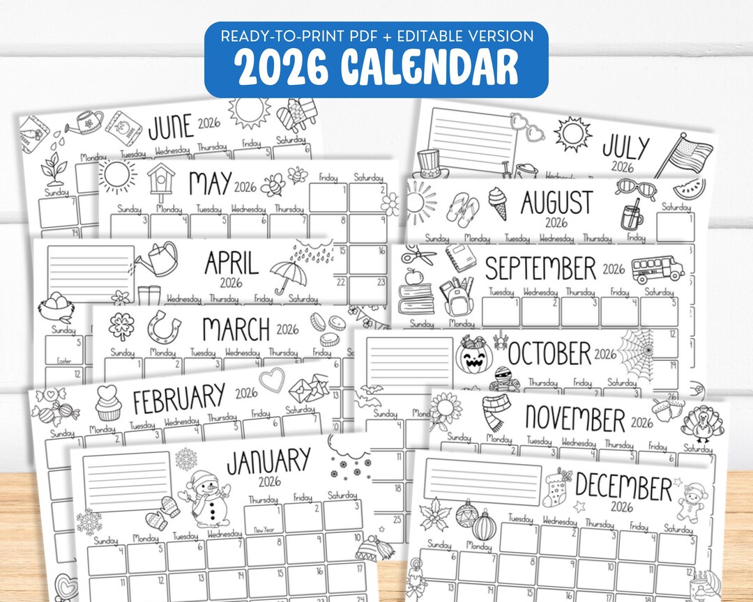 2026 Monthly Coloring Calendar, Printable Kid Planner PDF, Editable ...