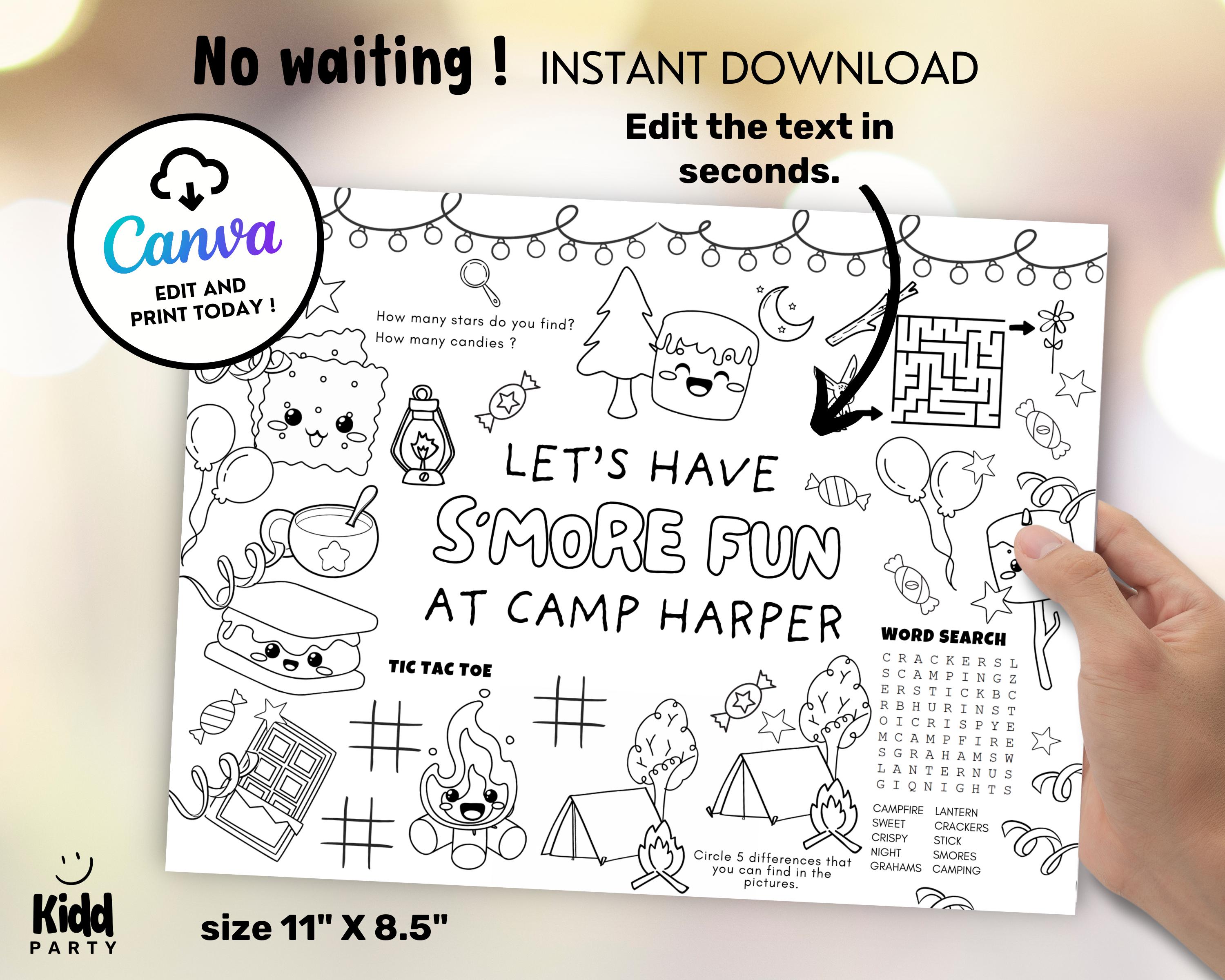 Editable S'more Birthday Activity Mat, Smores Fun Birthday Placemat ...
