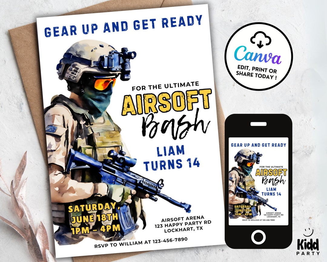 Editable Airsoft Party Invitation Blue Yellow Flyer Airsoft Game Ammo ...