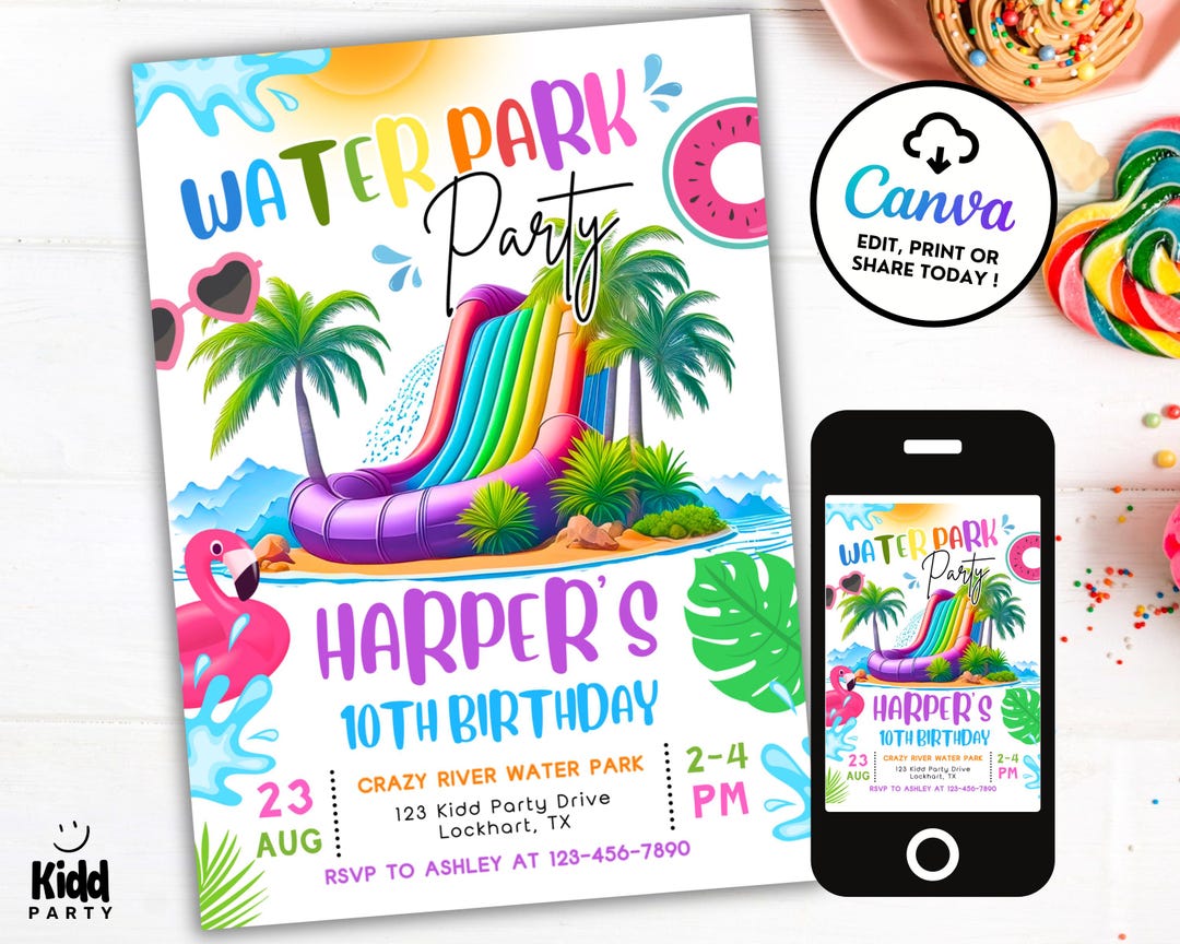 Waterpark Birthday Invitation, Girl Water Park Party Invite, Waterslide ...