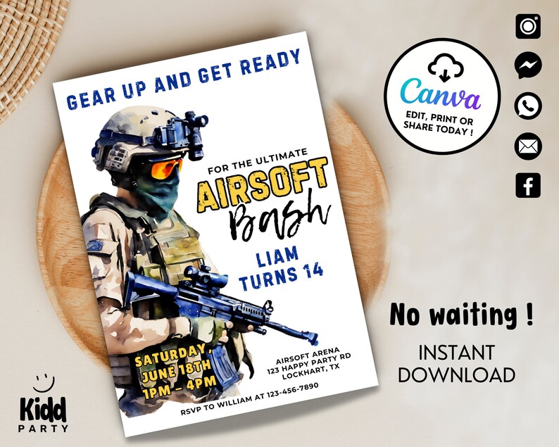 Editable Airsoft Party Invitation Blue Yellow Flyer Airsoft Game Ammo ...