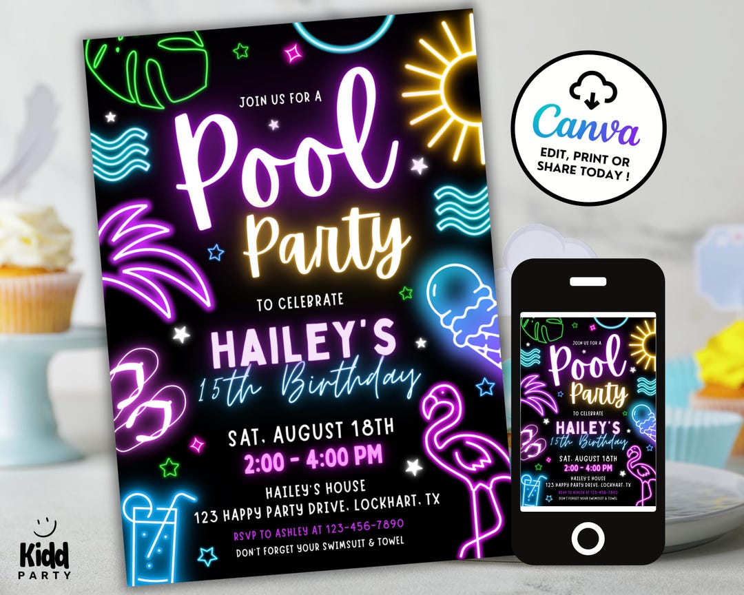 Neon Pool Party Invitation, Girl Pool Party Birthday Invite, Pink Glow ...