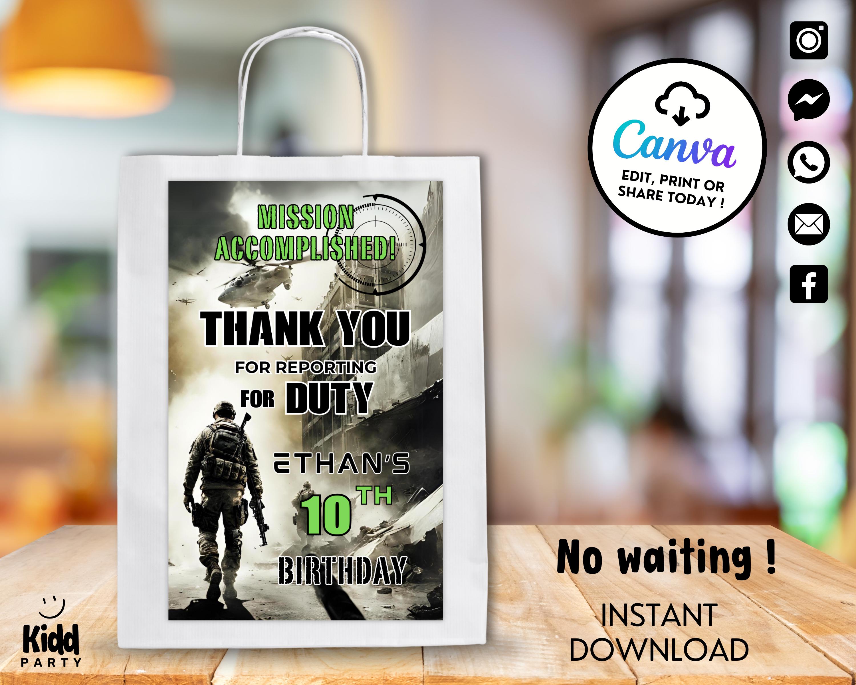 Editable Military Gift Bag Label, Calling All Soldiers Birthday Favor ...