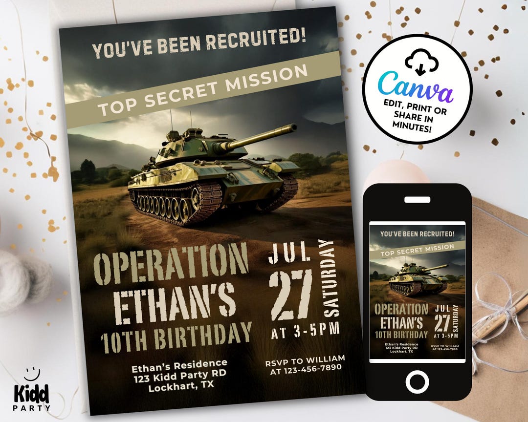 Editable Military Party Invitations, Army Birthday Invitation, Soldier ...