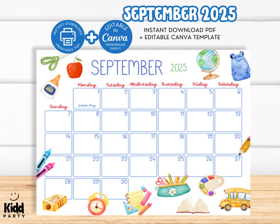 Editable September 2025 Calendar, Kids School Calendar, Printable ...