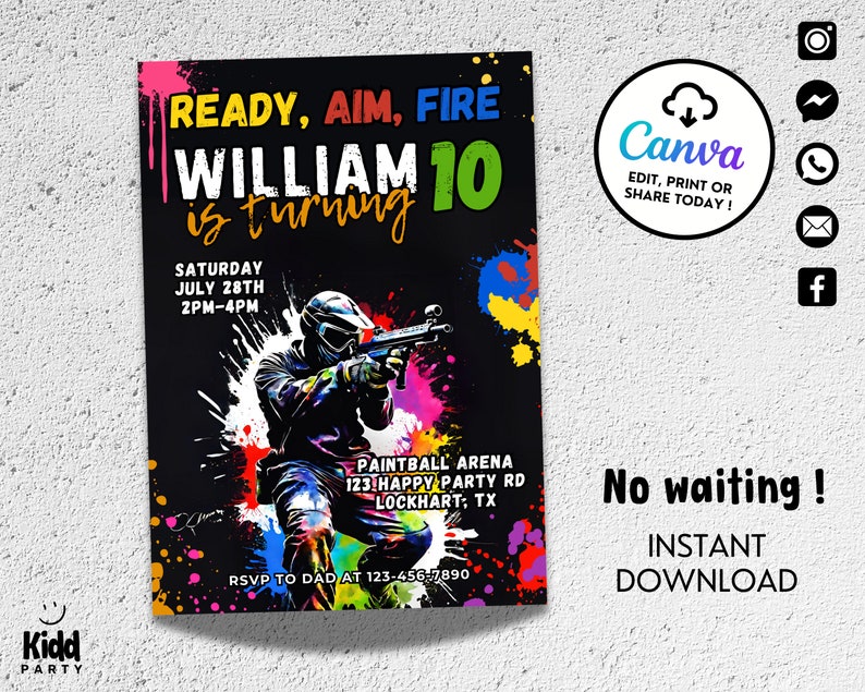 Editable Paintball Party Invitation Colorful Flyer Boy Girl Paintball ...