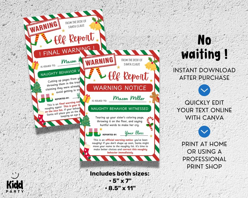 Editable Elf Report, Warning Notice, Printable Two Elves Letter ...