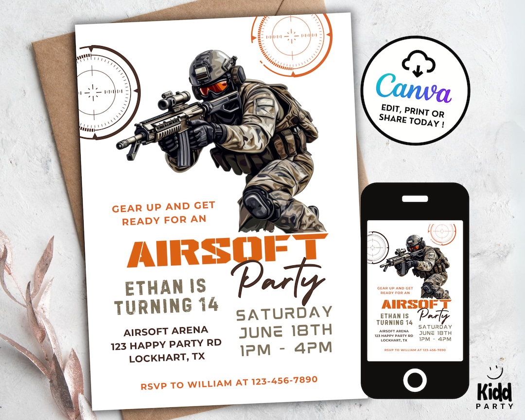 Editable Airsoft Party Invitation, Camo Military Flyer, Airsoft Game ...