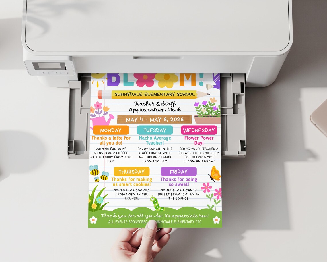 Floral Theme Teacher Appreciation Week Itinerary Flyer, Help Us Bloom ...