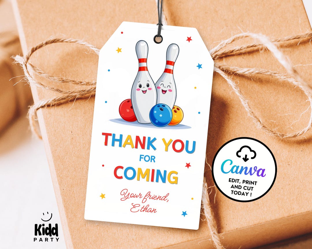 Editable Bowling Gift Tag, Thank You for Coming Favor Tag, Boy Bowling ...
