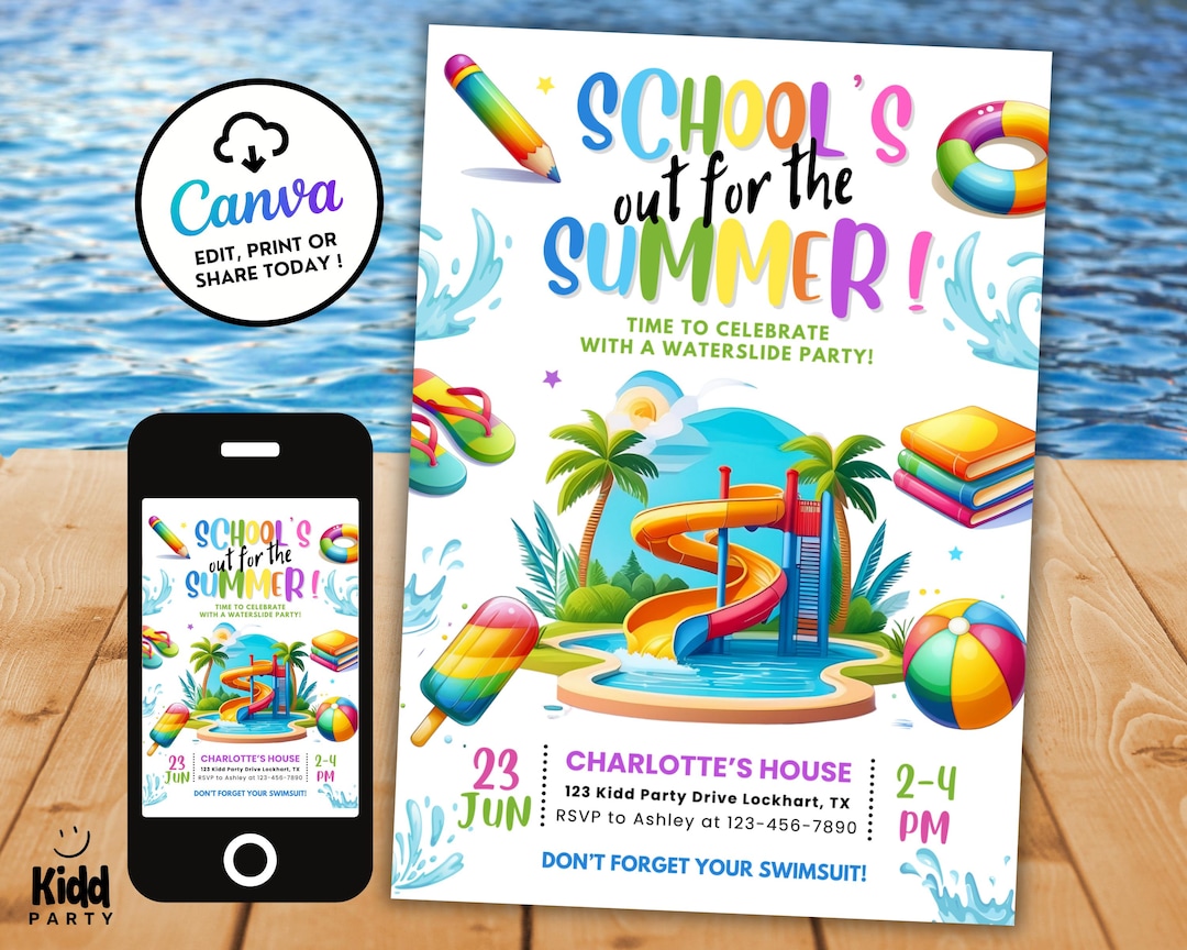 End of School Pool Party Invitation, Water Slide Invitation, Schools ...