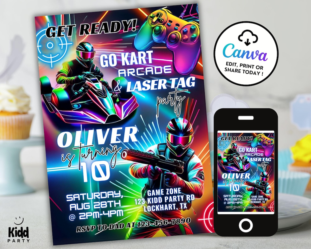 Laser Tag Go Kart Arcade Invitation, Go Kart Laser Tag Party, Laser Tag ...
