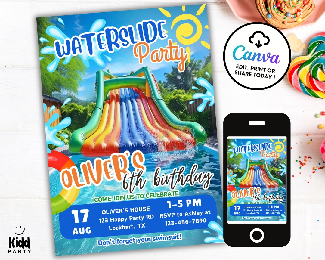 Editable Waterslide Birthday Invitation - Summer Pool Party - Splash ...