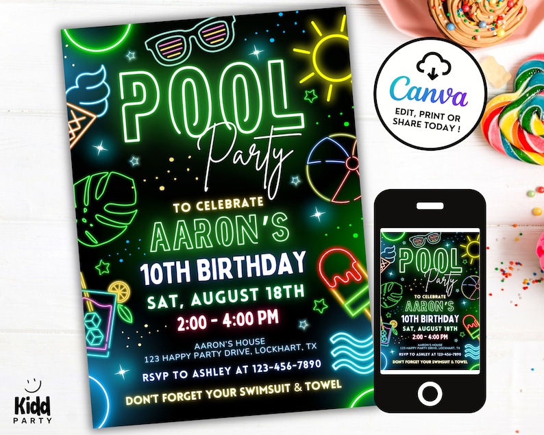 Neon Pool Party Birthday Invitation, Summer Pool Party, Tropical ...