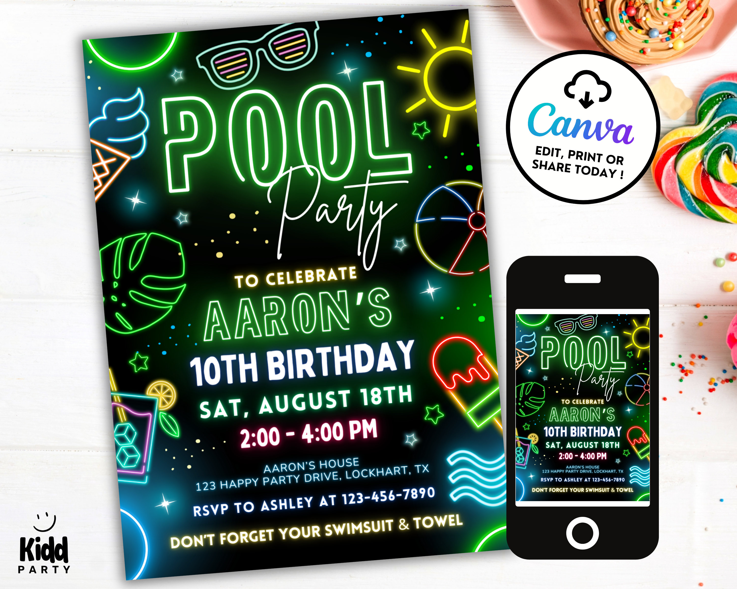 Neon Pool Party Birthday Invitation, Summer Pool Party, Tropical ...
