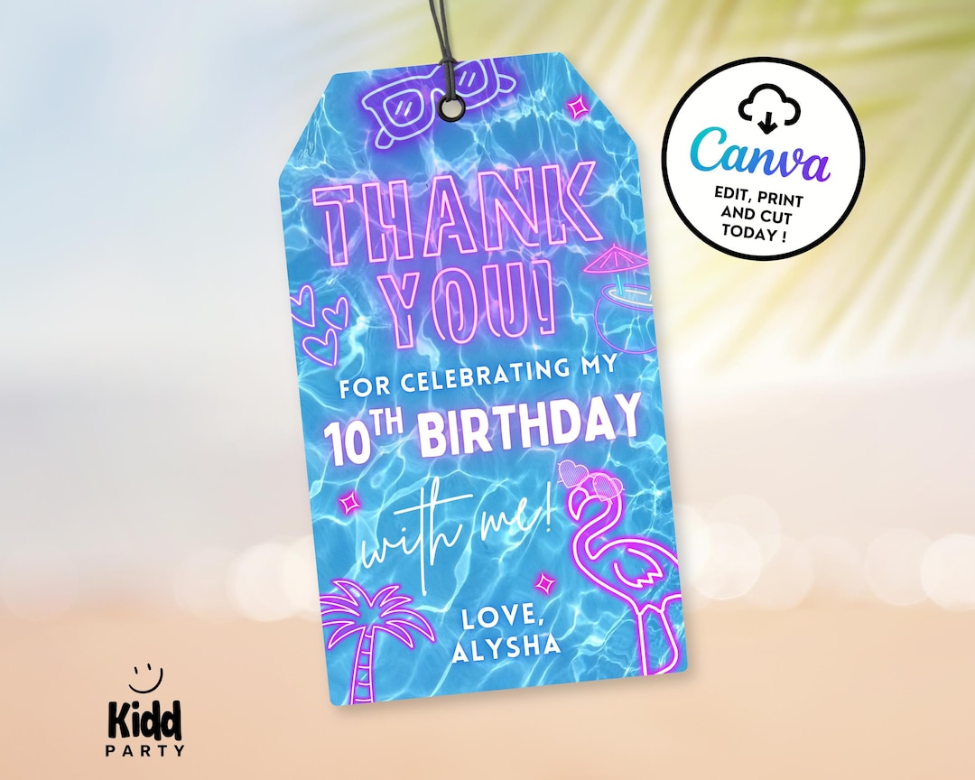 Neon Pool Party Gift Tag, Girl Pool Party Tag, Glow Pool Party Favor ...