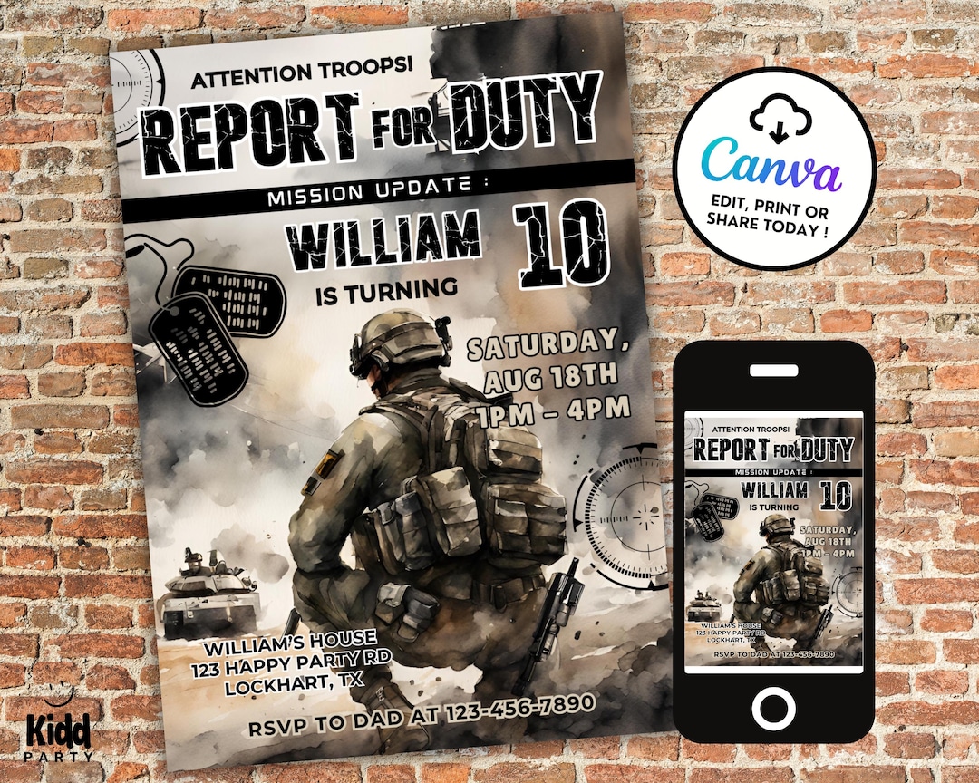 Report for Duty Birthday Invitation, Soldiers Invitation, Army ...