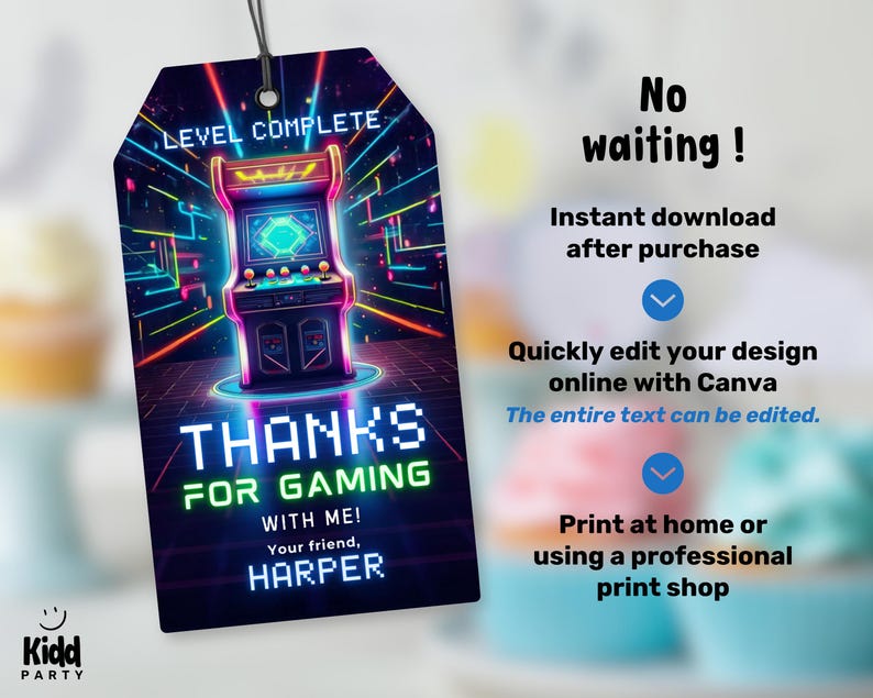Editable Arcade Thank You Tag, Gaming Birthday Party Favor Tag, Arcade ...