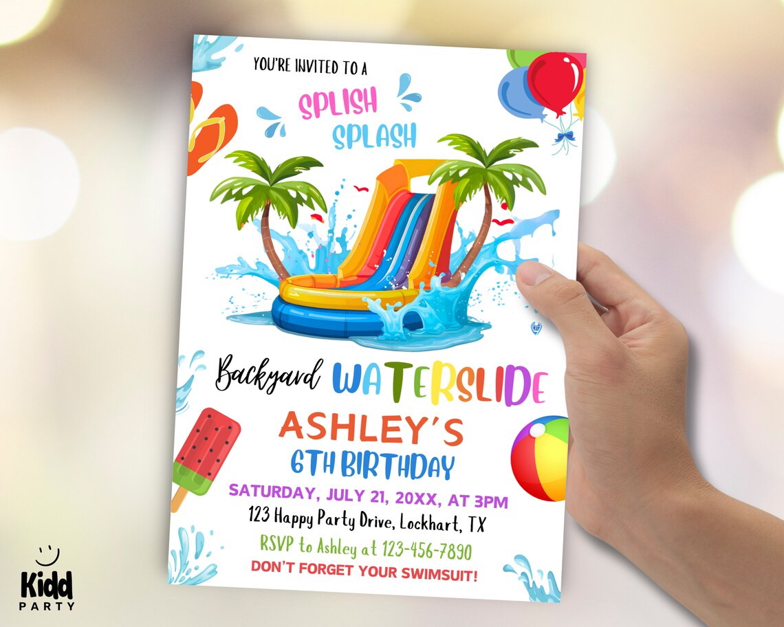 Waterslide Birthday Invitation Summer Pool Party Splash Birthday Evite ...