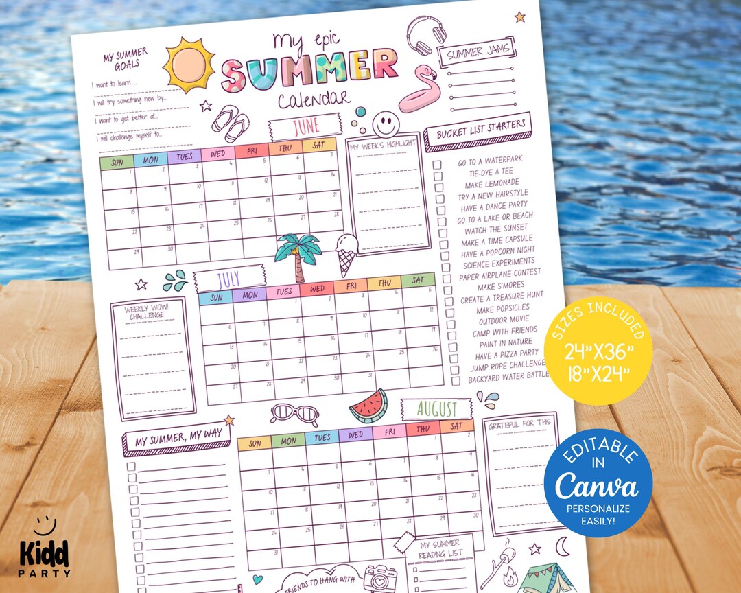 Editable Summer Calendar Poster, Printable 2025 Summer Bucket List ...