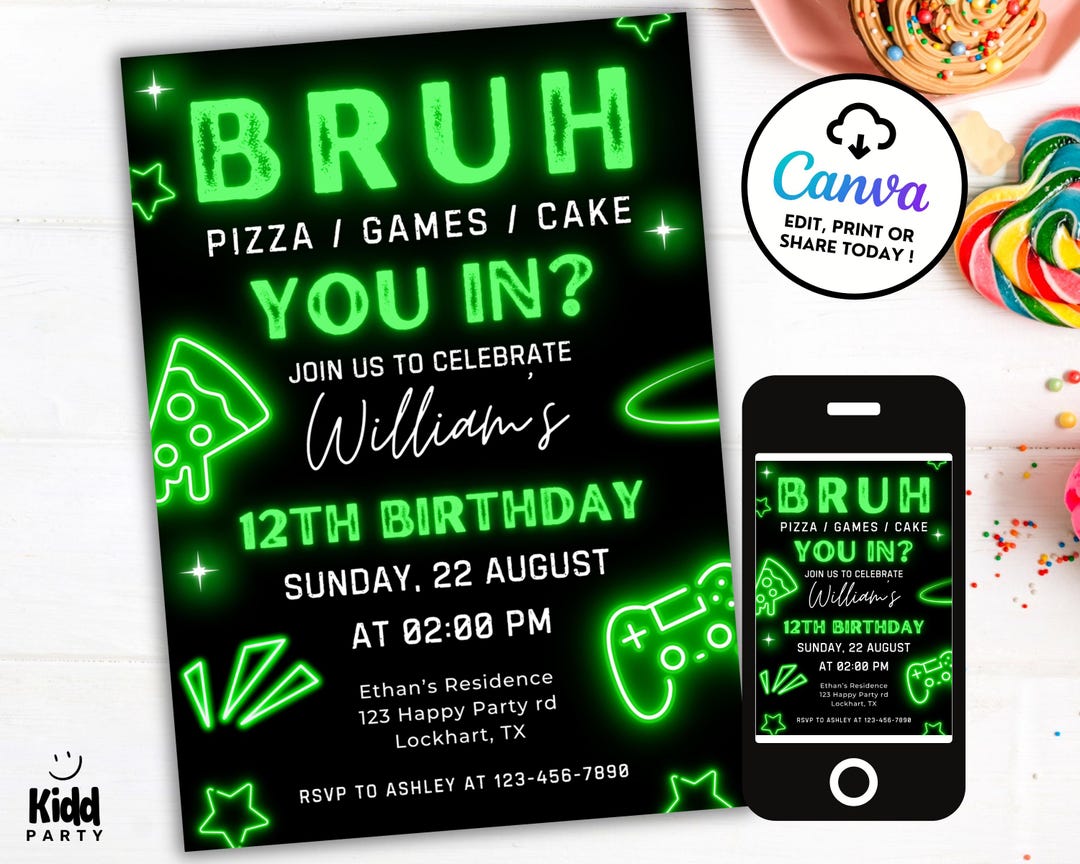 Bruh Birthday Invitation, Neon Bruh Invitation, Green Neon Party Invite ...