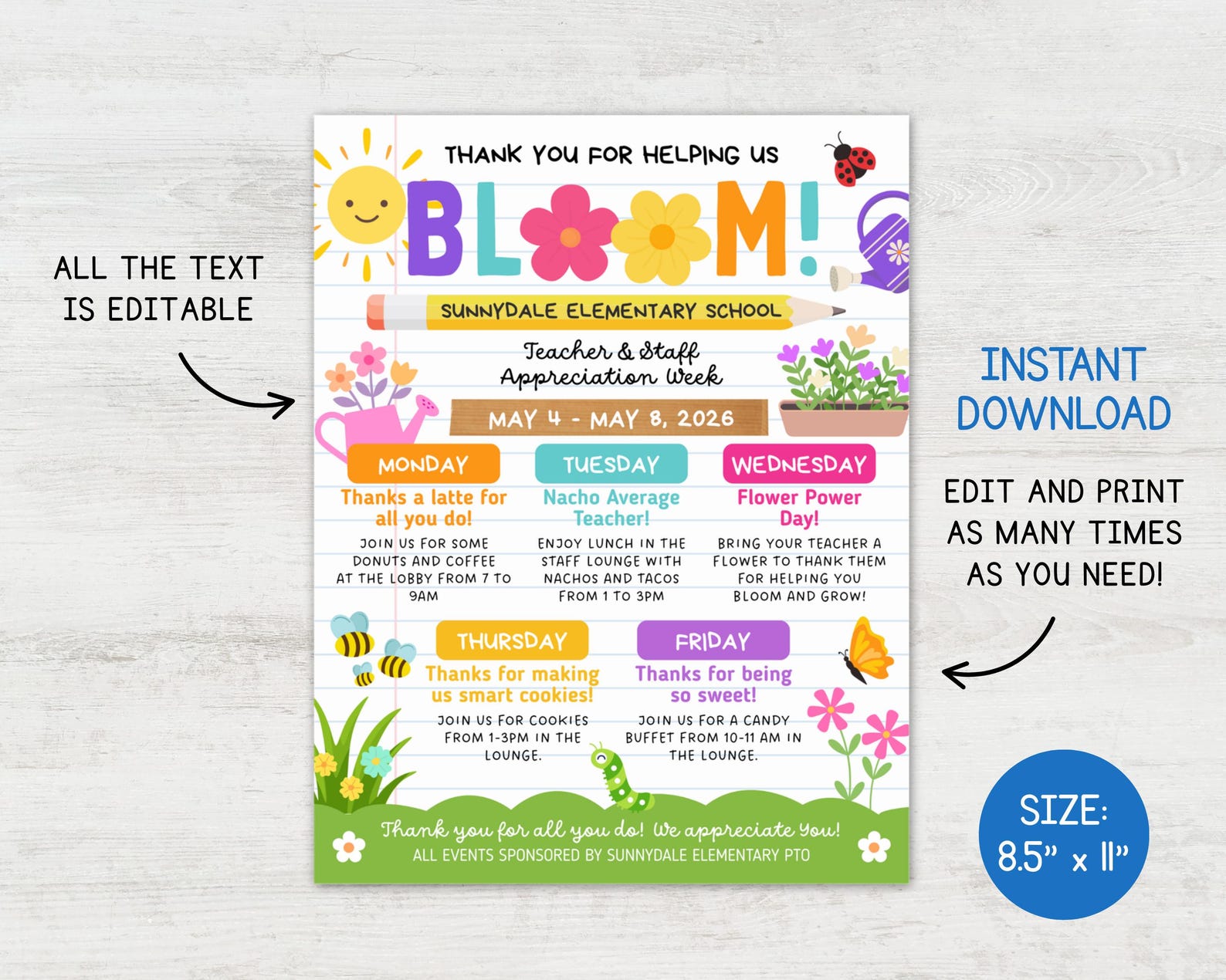 Floral Theme Teacher Appreciation Week Itinerary Flyer, Help Us Bloom ...