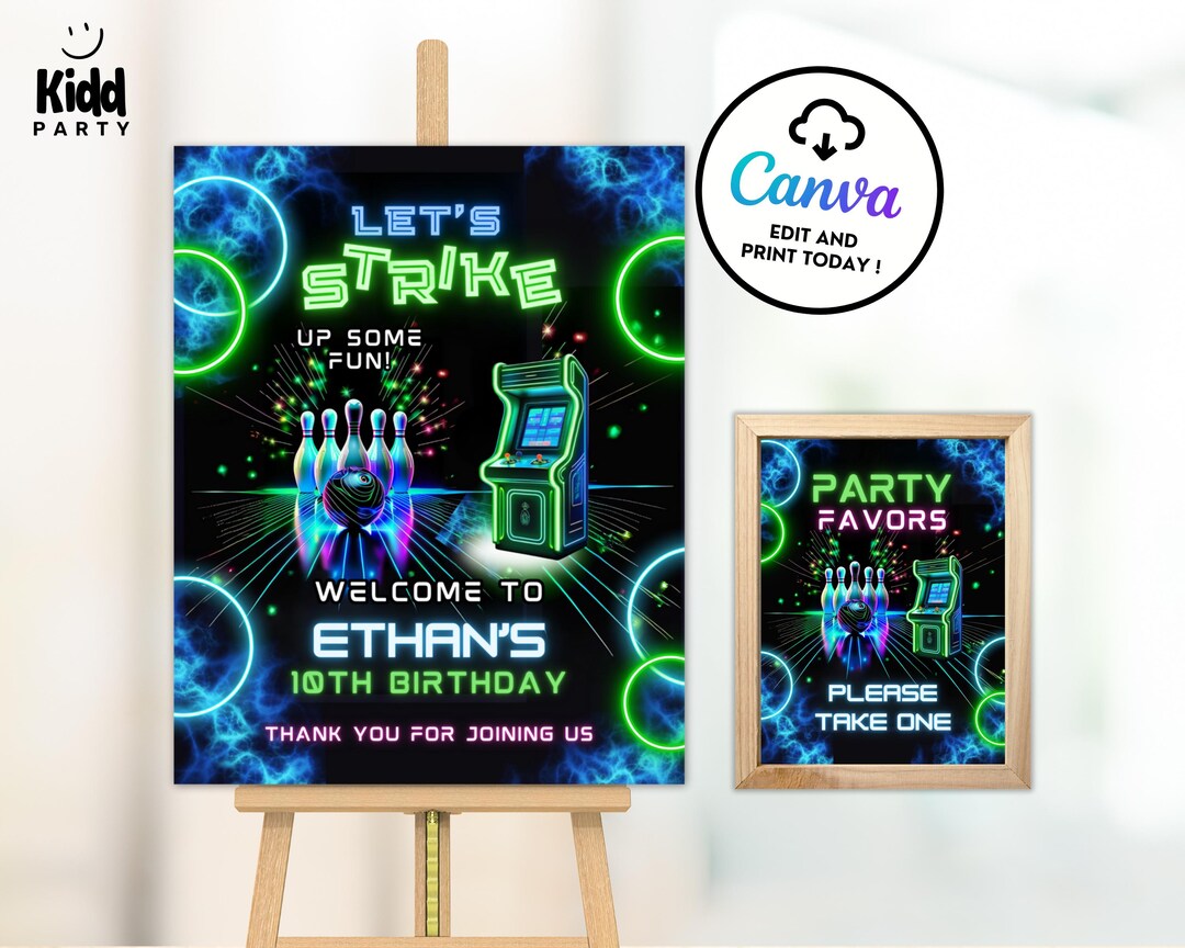 Bowling Arcade Birthday Welcome Sign, Neon Bowling Party Custom Sign ...
