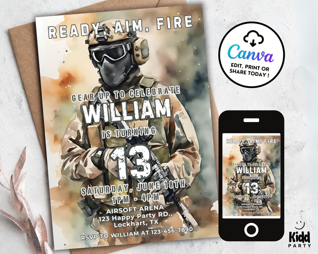 Editable Airsoft Party Invitation, Camo Military Flyer, Airsoft Game ...