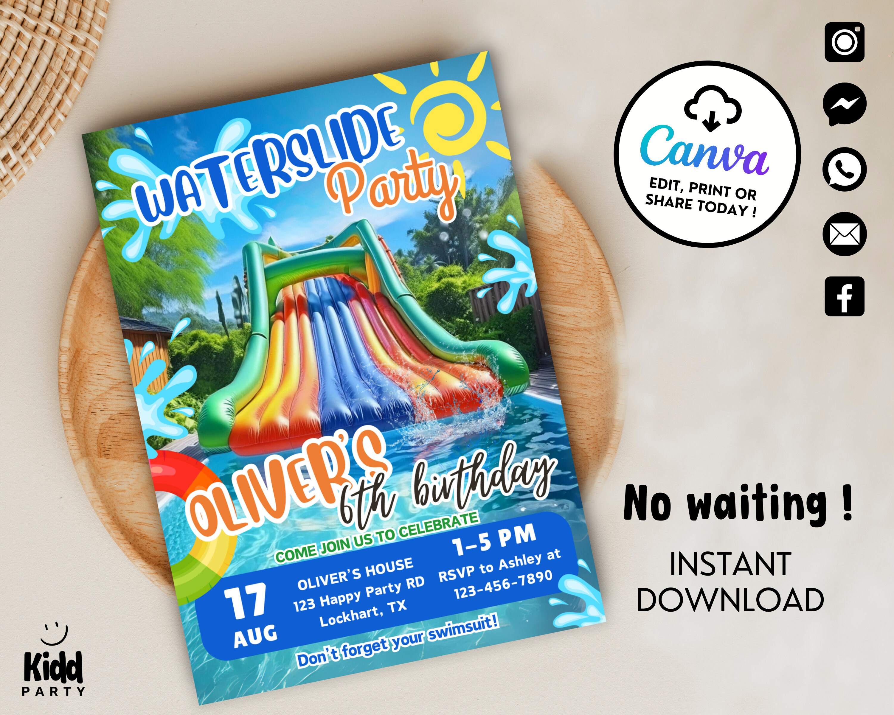 Editable Waterslide Birthday Invitation Summer Pool Party Splash ...