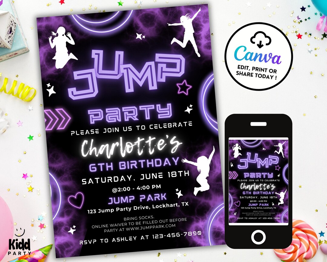 Editable Purple Jump Birthday Party Invitation, Girl Jump Party Invite ...