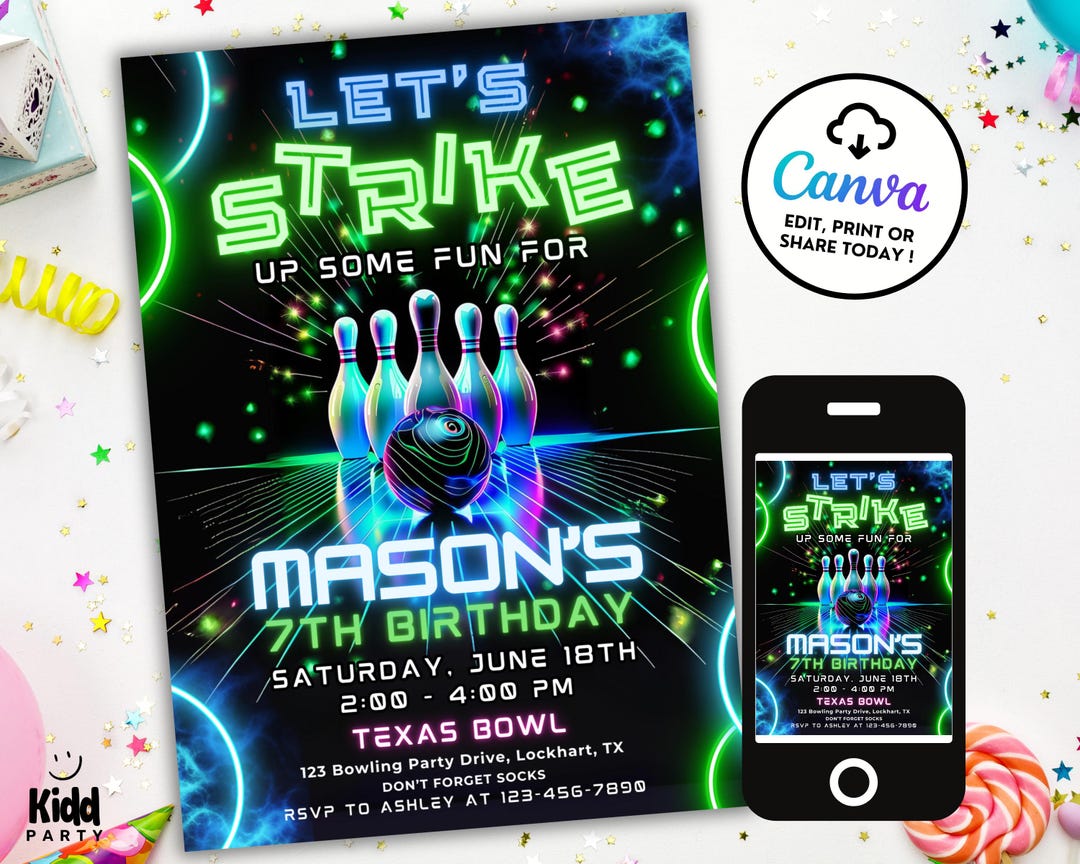 Editable Bowling Birthday Invitation, Glow Bowling Invitation, Neon ...