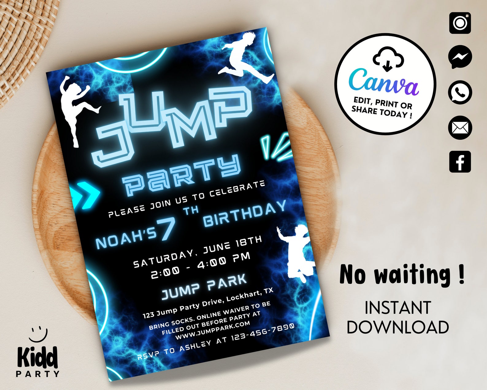 Editable Neon Blue Jump Birthday Party Invitation Trampoline Party Glow ...