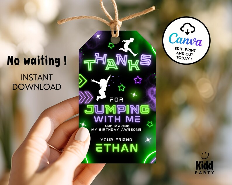 Editable Jump Favor Tag, Glow Jump Birthday Gift Tag, Neon Green Purple ...