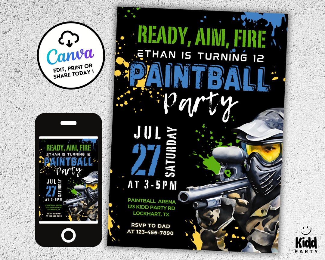 Editable Paintball Party Invitation, Paintball Birthday Invite ...