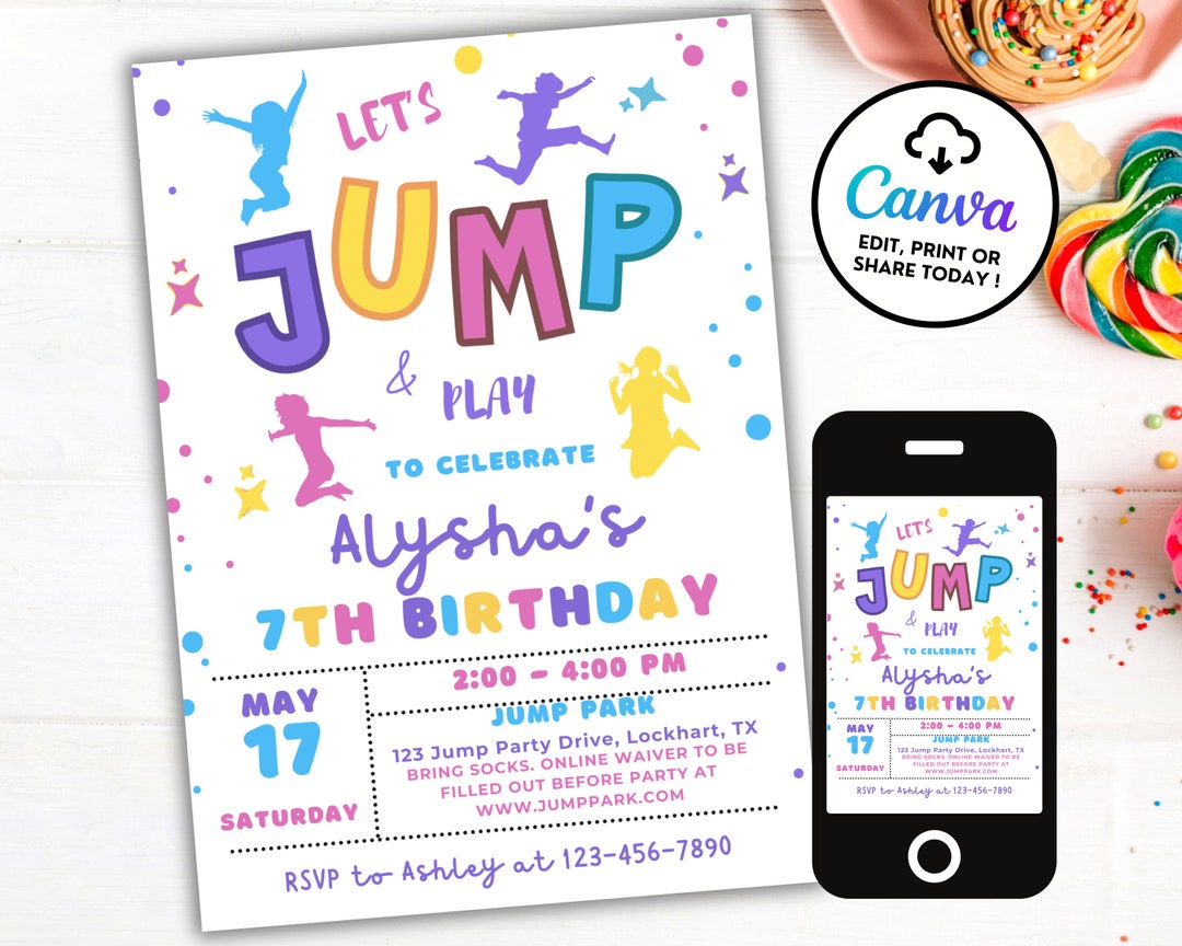 Editable Jump Birthday Party Invitation Trampoline Party Colorful ...