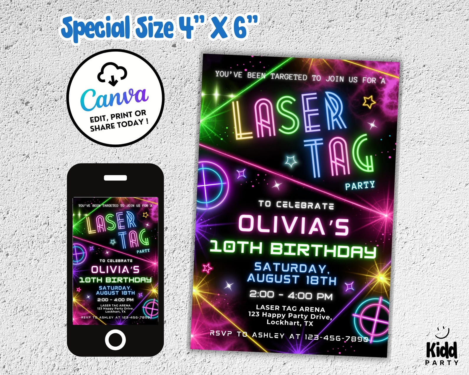 Laser Tag Birthday Invitation 4X6 Card, Laser Tag Invitation, Rainbow ...