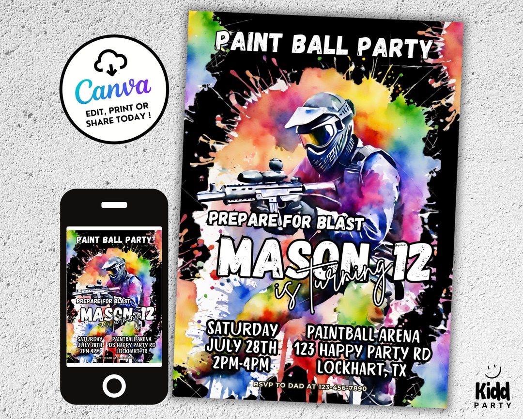 Editable Paintball Party Invitation Paint Party Boy Girl Paintball Game ...